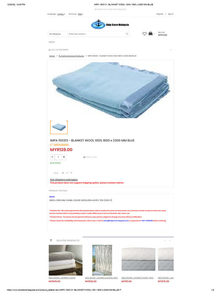 IMPA 150313 - BLANKET WOOL 100% 1800 X 2300 MM BLUE | PDF ...