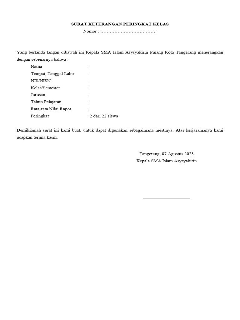 Surat Keterangan Peringkat Kelas Draft | PDF