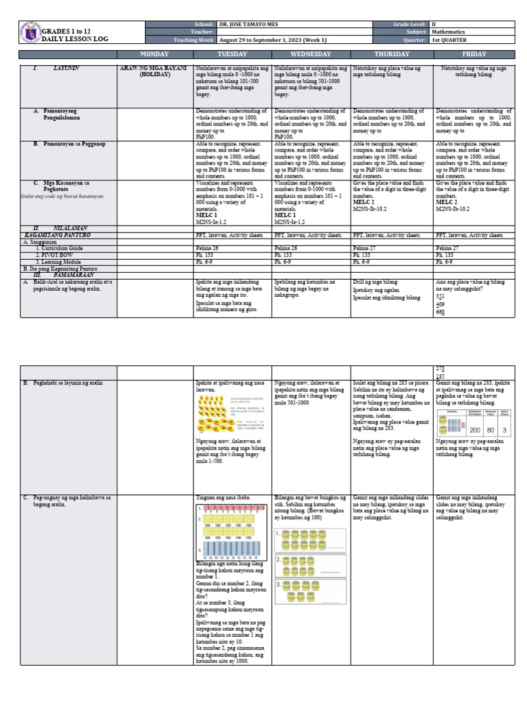 Quarter 1 Week 1 Grade 2 Daily Lesson Log in Math | PDF