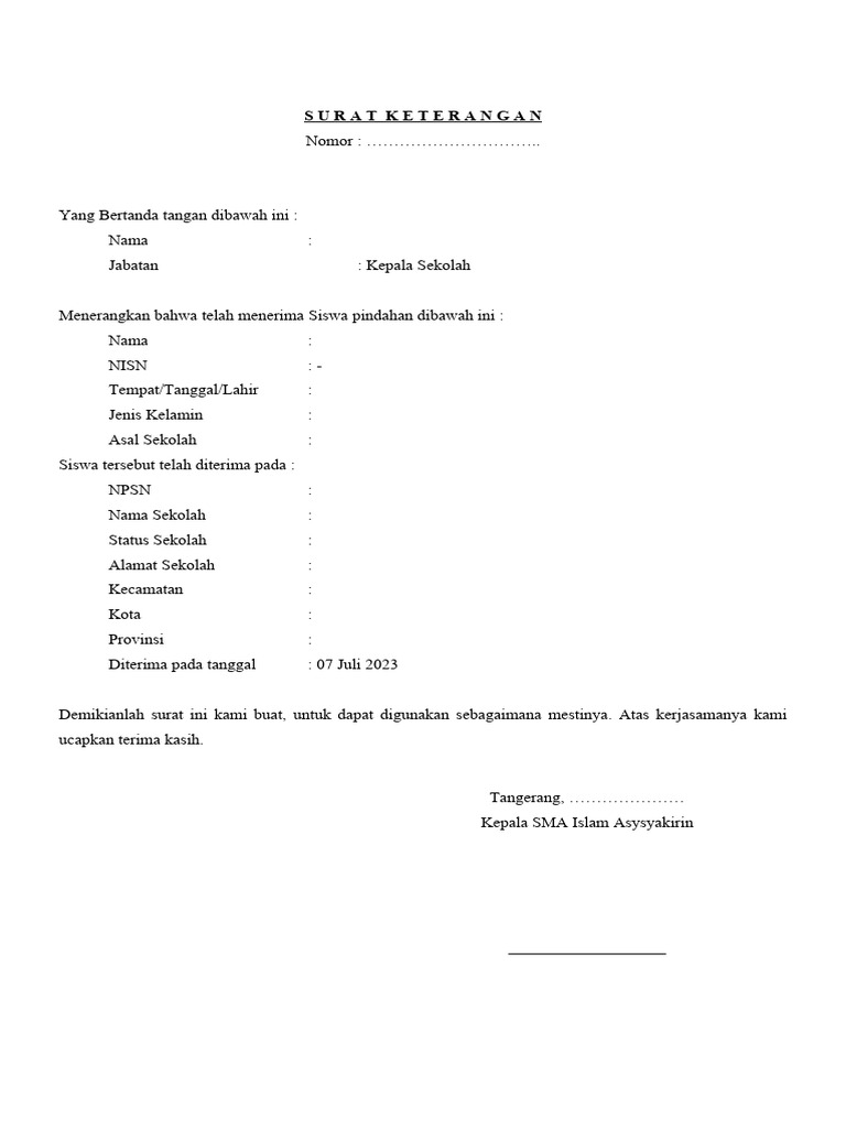 Surat Keterangan Diterima Sekolah Ini | PDF