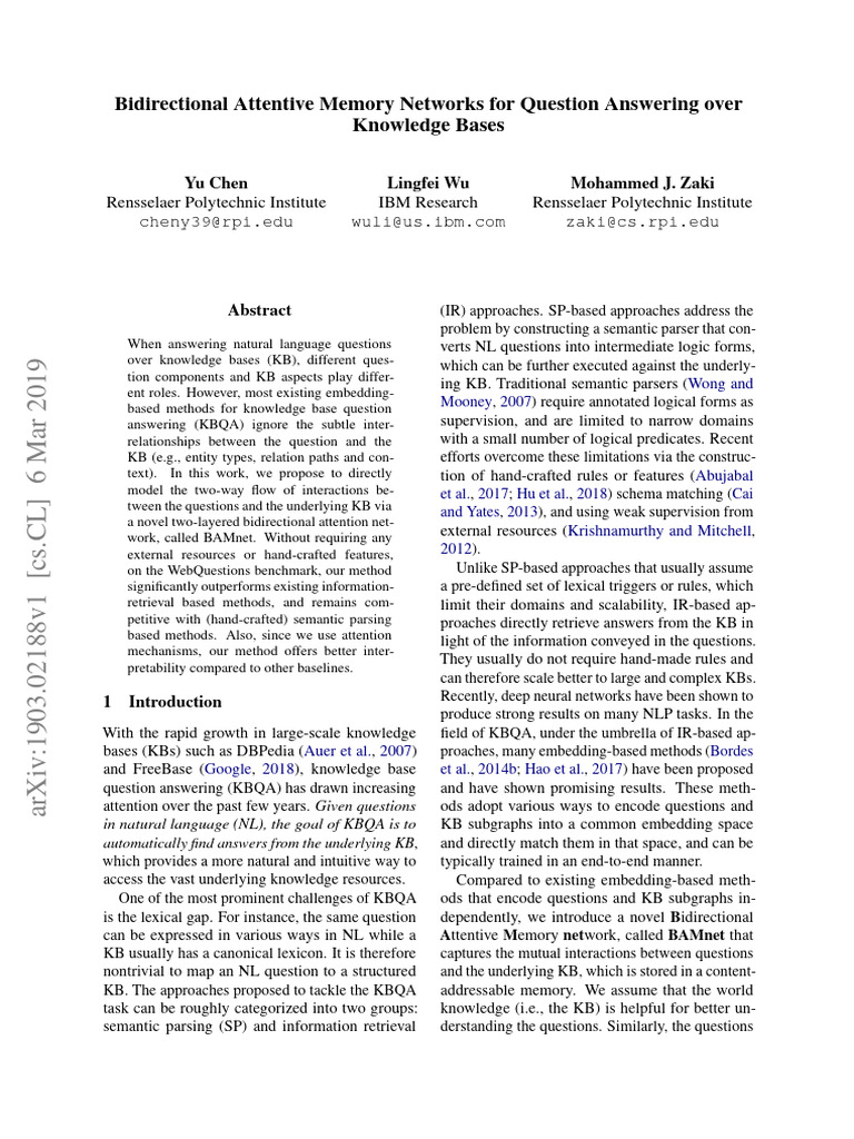 Bidirectional Attentive Memory Networks For Question Answering Over Knowledge Bases | PDF ...