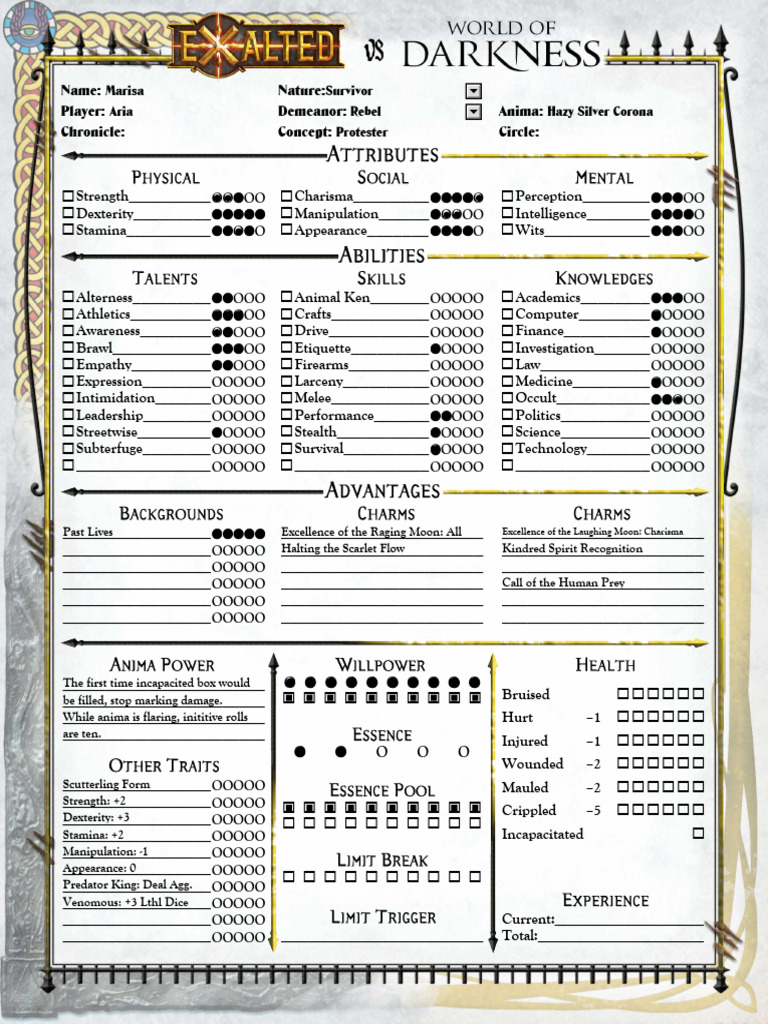 Exalted RPG Character Sheet Template | PDF