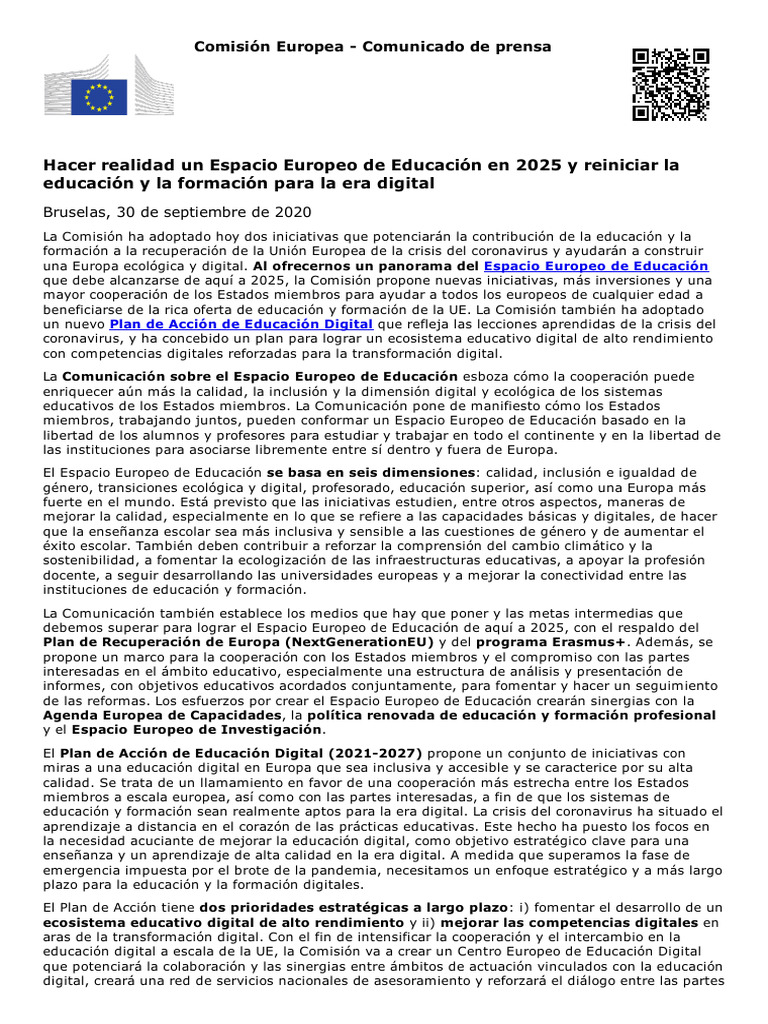 Hacer Realidad Un Espacio Europeo de Educaci N en 2025 y Reiniciar La Educaci N y La Formaci N ...