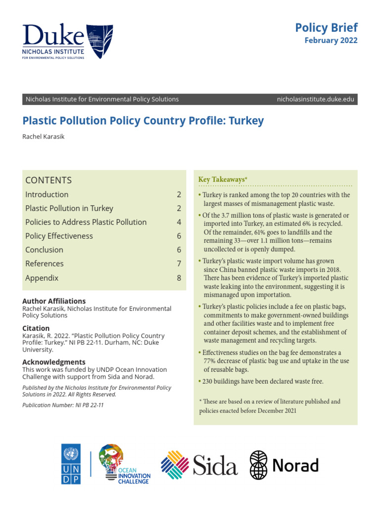 Plastic Pollution Policy Country Profile Turkey | PDF | Recycling | Waste