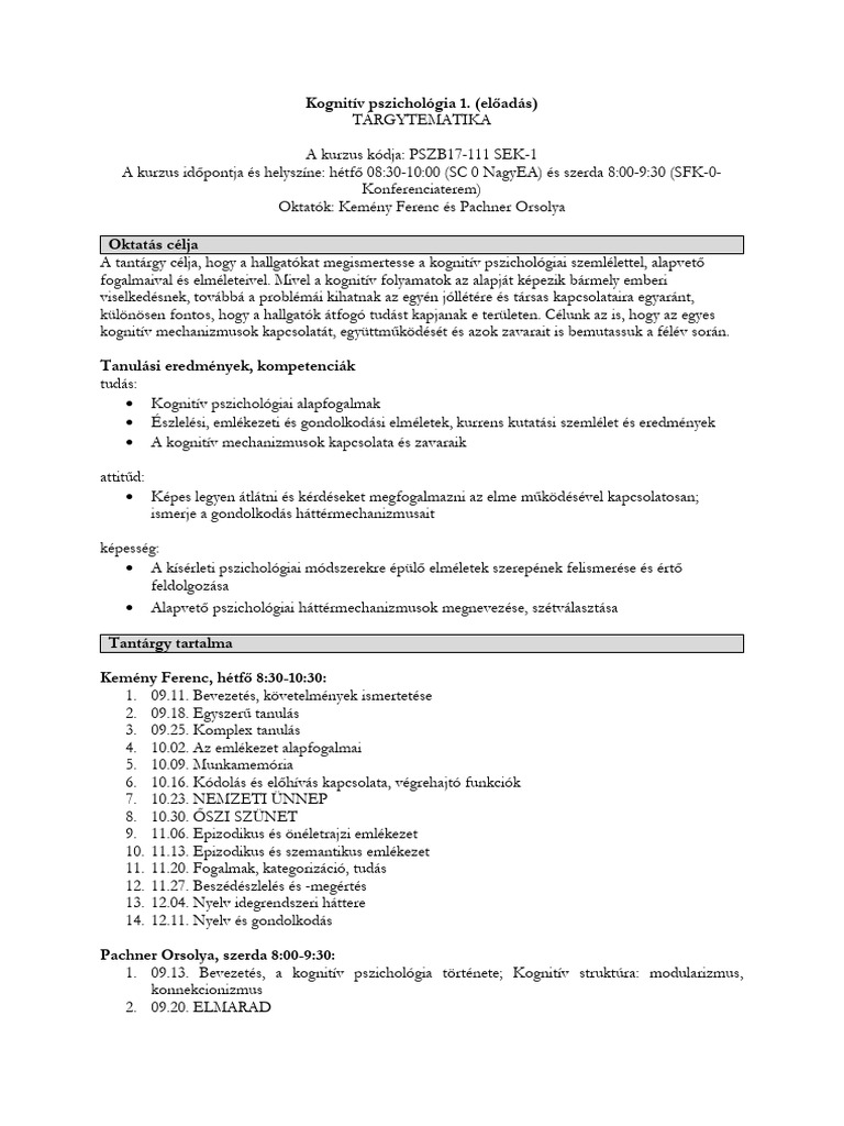 Kognitív Pszichológia 1 - 2023osz | PDF