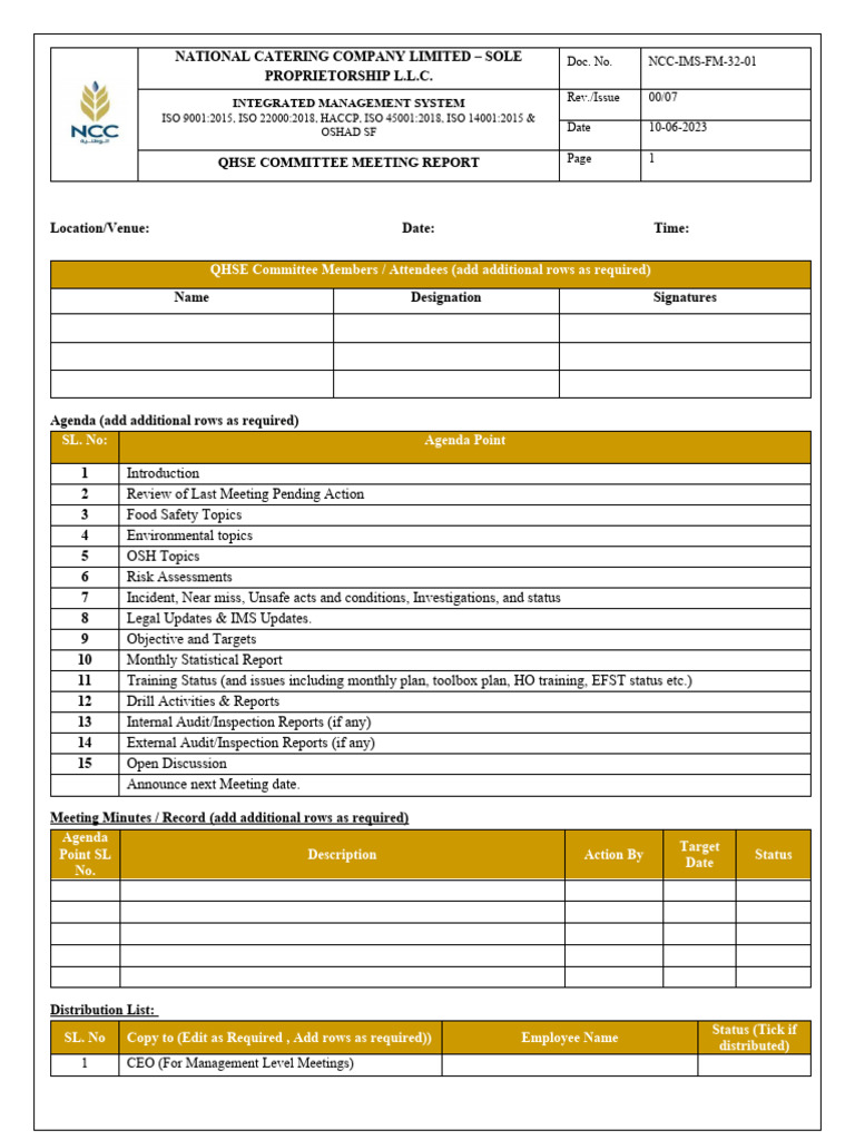 NCC-IMS-FM-32-01 - QHSE Committee Meeting Report Is7.0 | PDF | Safety ...
