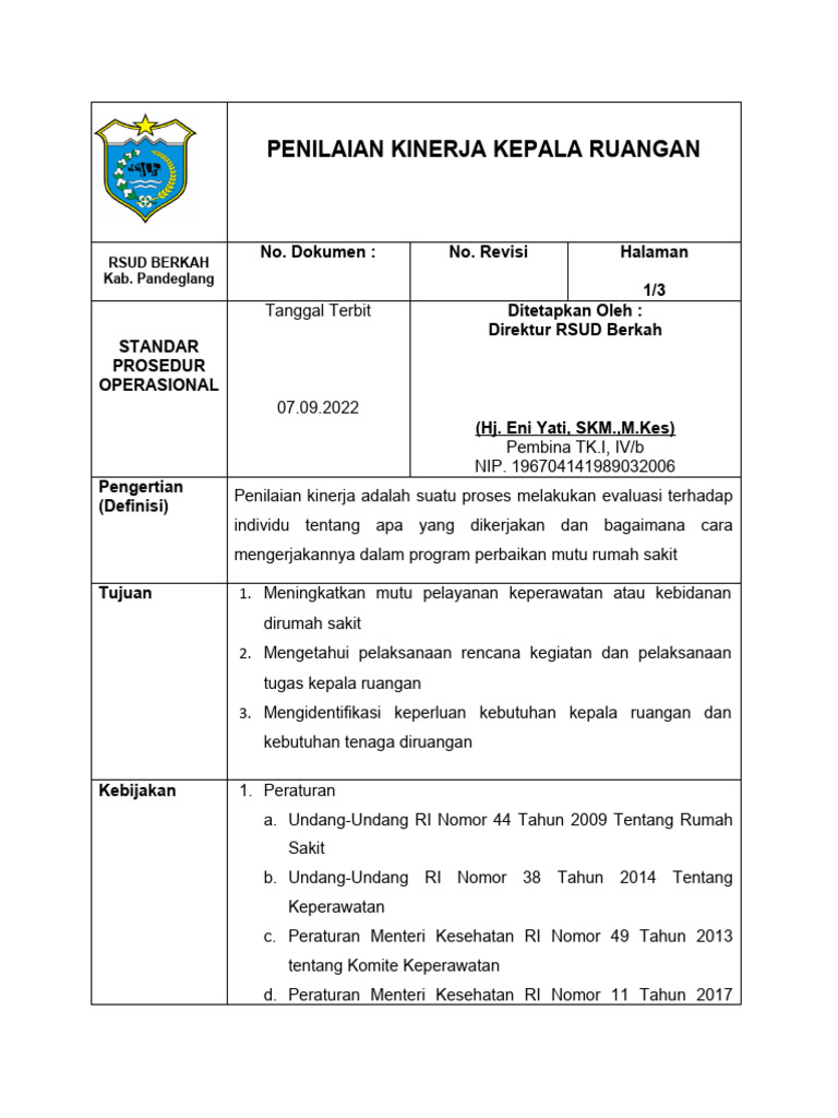 SPO Penilaian Kinerja KPL Ruangan | PDF