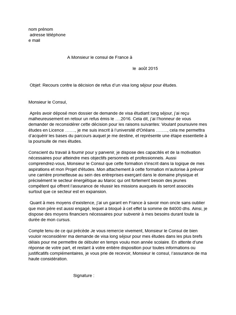 Modèl de Recours Consulat Pour Refus de Visa Études | PDF