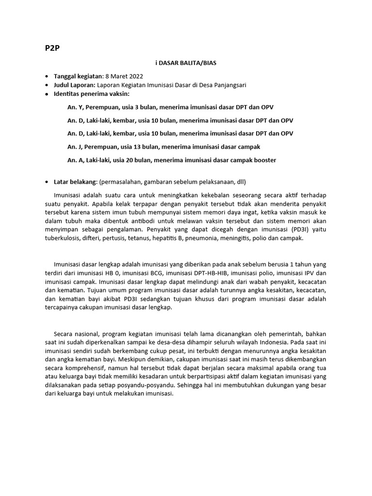 P2P - Vaksinasi Dasar Balita | PDF