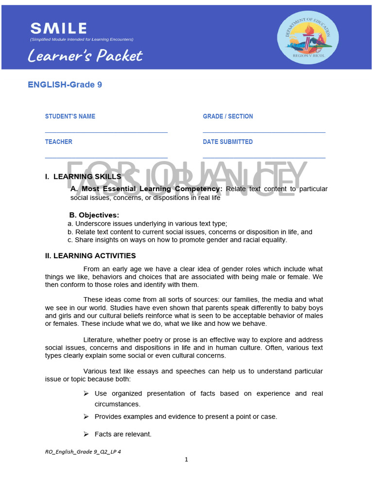 Gender Equality in Grade 9 English | PDF | Gender | Gender Studies
