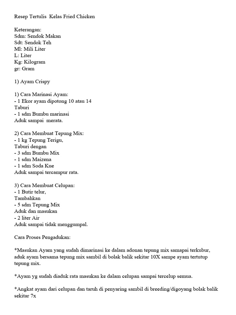 Resep Tertulis Kelas Fried Chicken | PDF