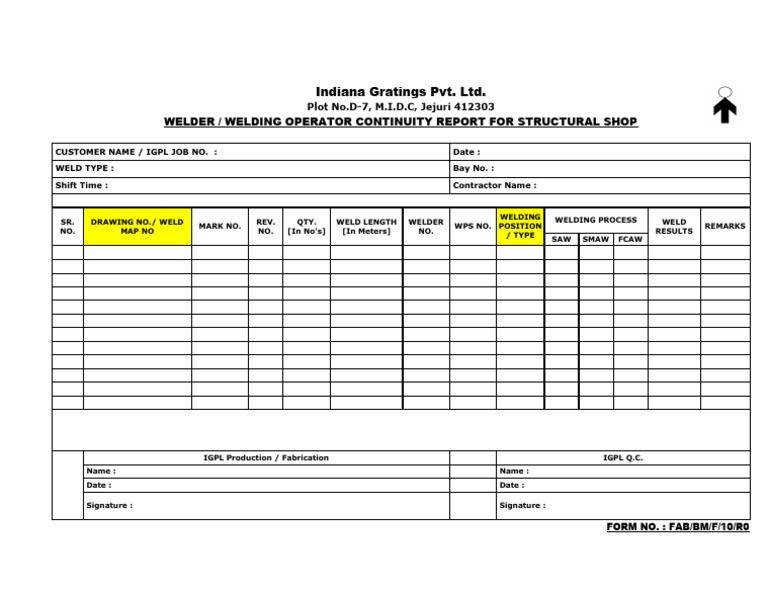 FAB F10 - Welder Continuity Record | PDF