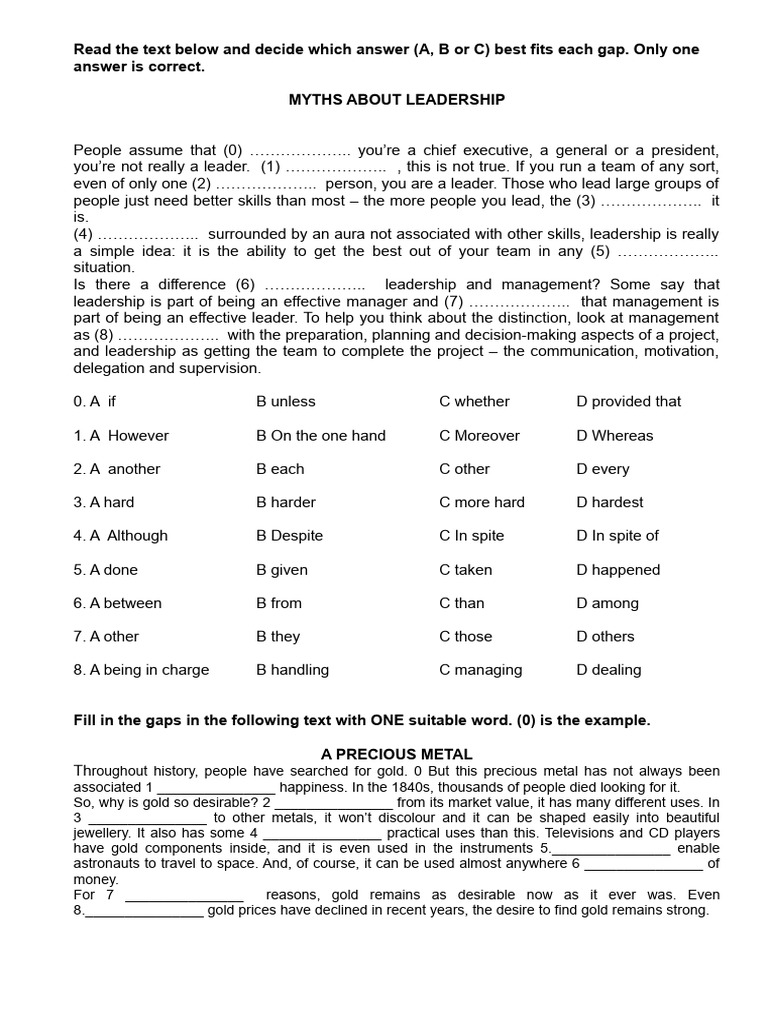 Cloze Tests With Key | PDF | Leadership | Gold