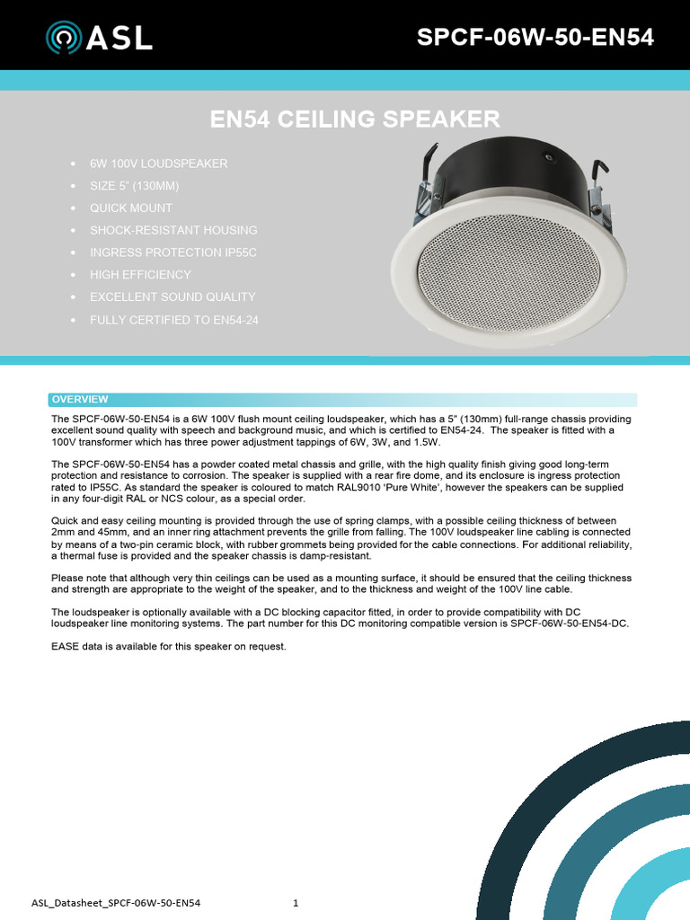 SPCF 06W 50 EN54 Datasheet | PDF | Loudspeaker | Decibel
