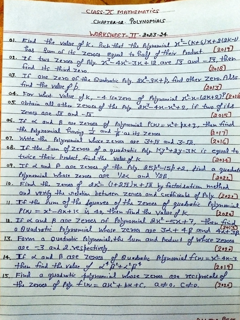 Class X Worksheet Real Numbers, Polynomials & Pair of Linear Equations ...