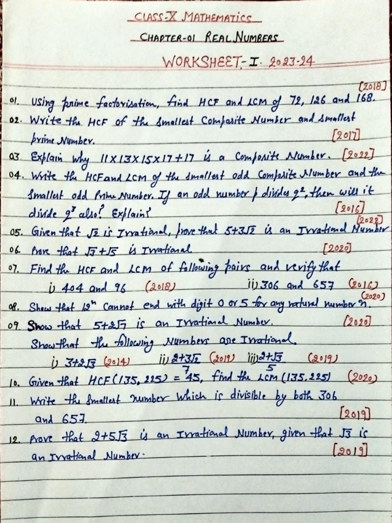 Real Number Worksheet Class X 2023 - 24 | PDF