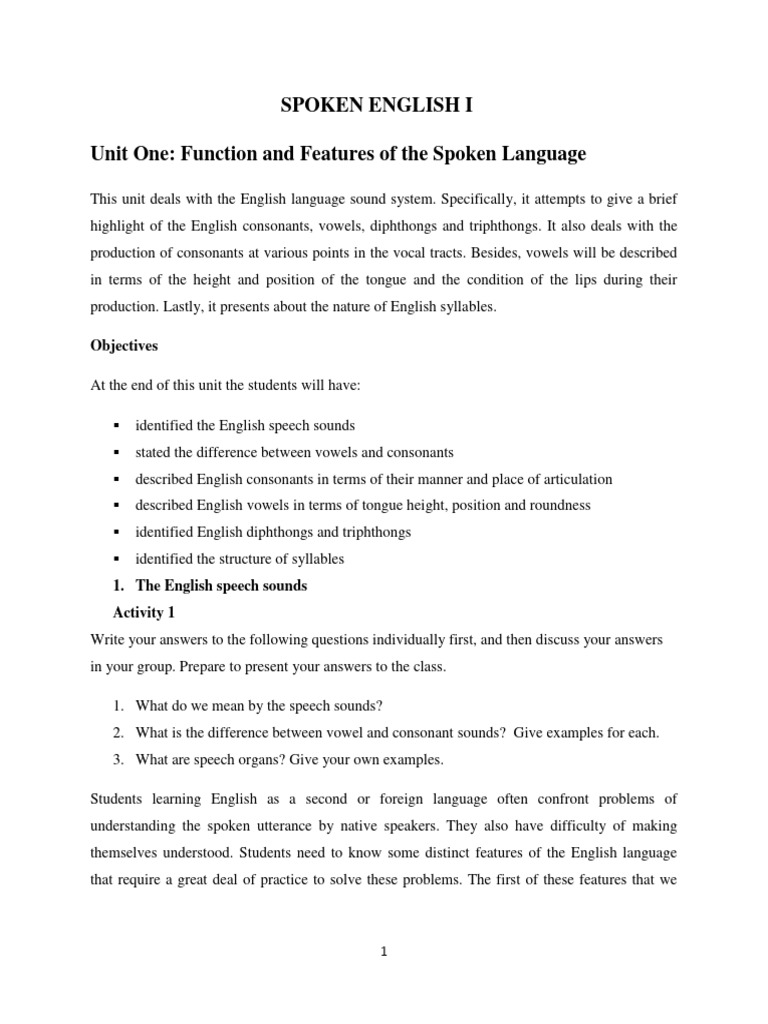 Spoken English I Handout | PDF | Vowel | Consonant