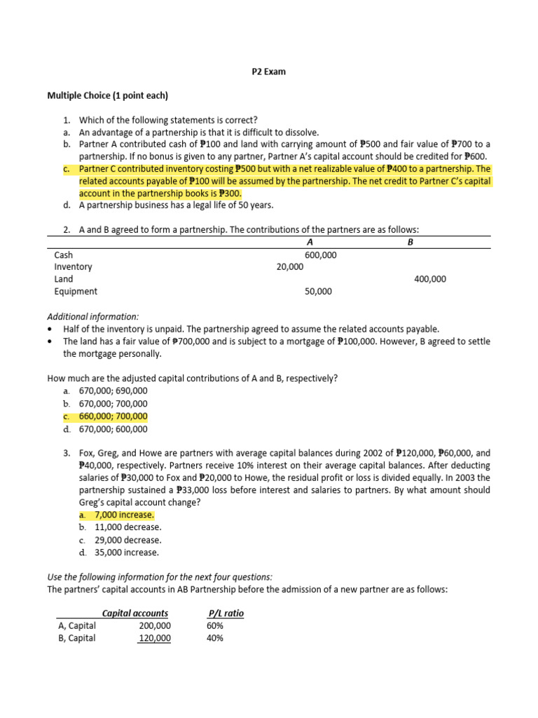 P2 Exam ParCor Questionnaire 1 | PDF | Stocks | Treasury Stock