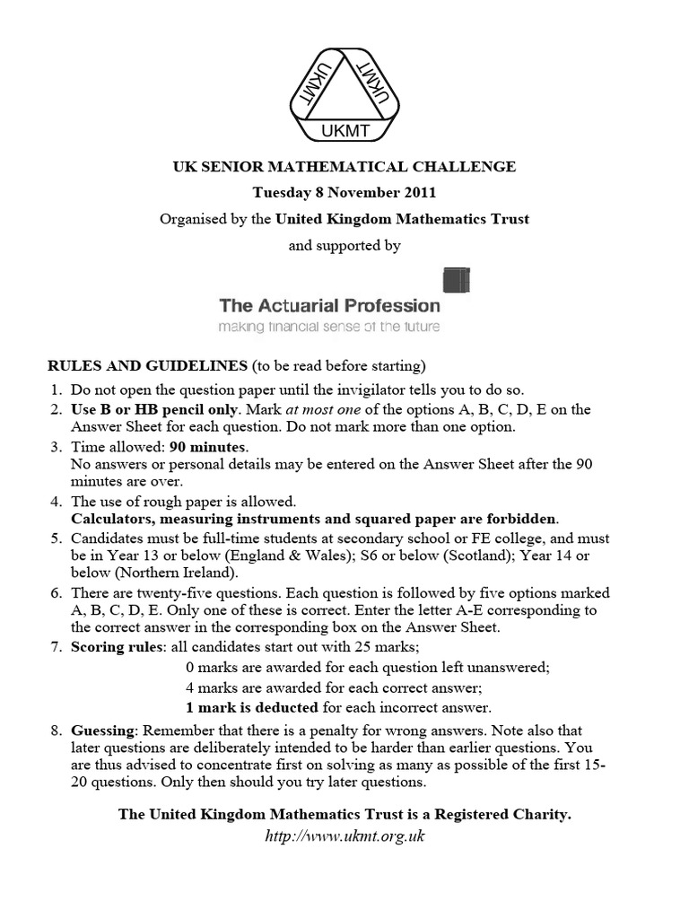 UKMT - SMC - Senior Mathematical Challenge 2011 - Questions | PDF ...
