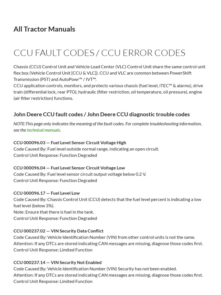 CCU FAULT CODES - CCU ERROR CODES - All Tractor Manuals | PDF