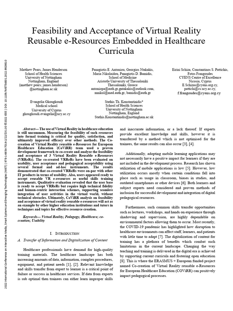 Feasibility and Acceptance of Virtual Reality Reusable e - Resources Embedded in Healthcare ...