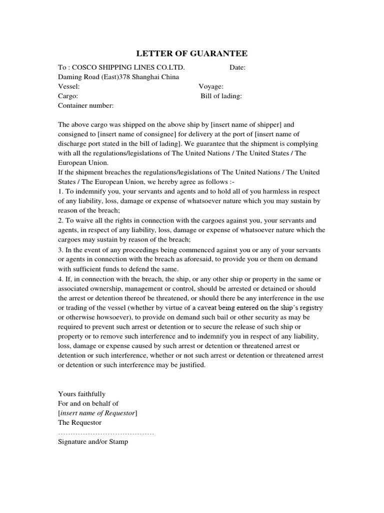 Letter of Indemnity For Iran Import and Export Cargo | PDF