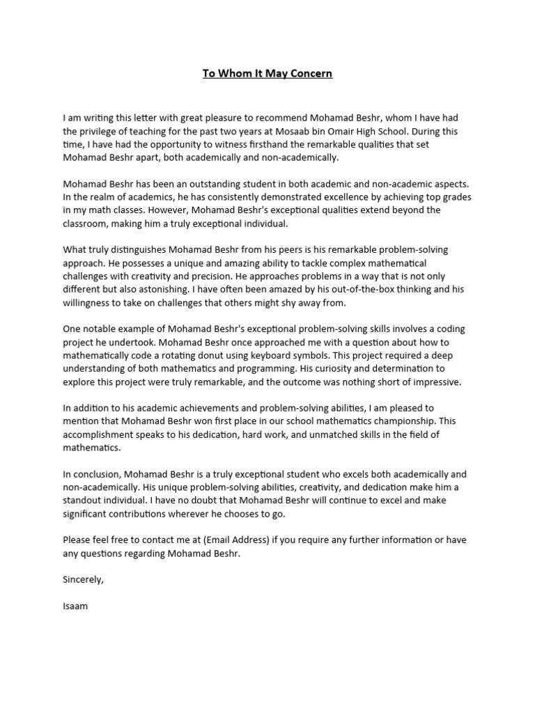 Letter of Recommendation (Math) | PDF | Social Science