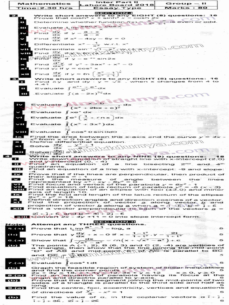 Past Papers Lahore Board 2018 Inter Part 2 Mathematics Group 2 English Subjective | PDF