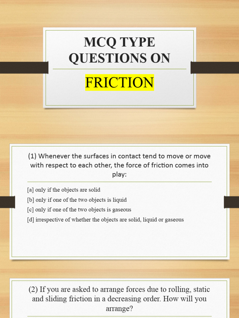 MCQs on Types and Effects of Friction | PDF | Friction | Mechanical ...