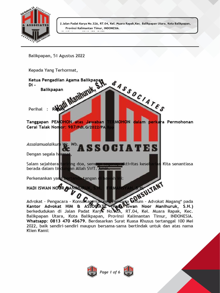 SCRIB - Replik Permohonan Cerai Talak | PDF | Politik | Ilmu Sosial