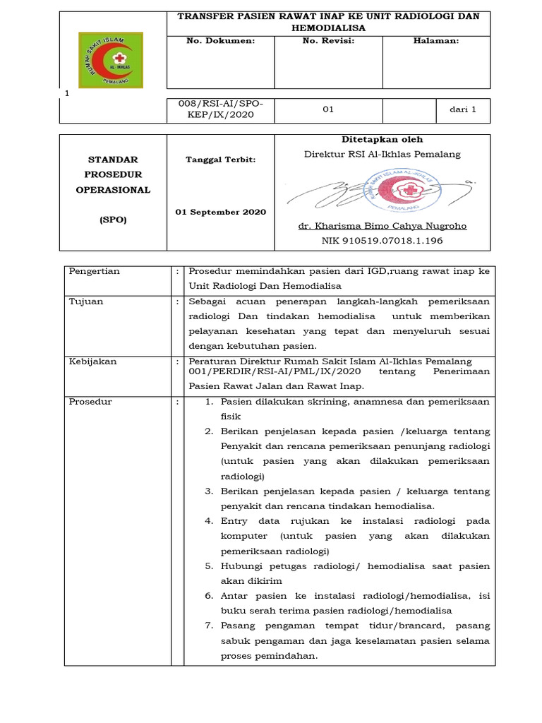 Akp 1 Ep 1 Poin D Spo Transfer Pasien Ke Unit Radiologi Dan Hemodialisi | PDF