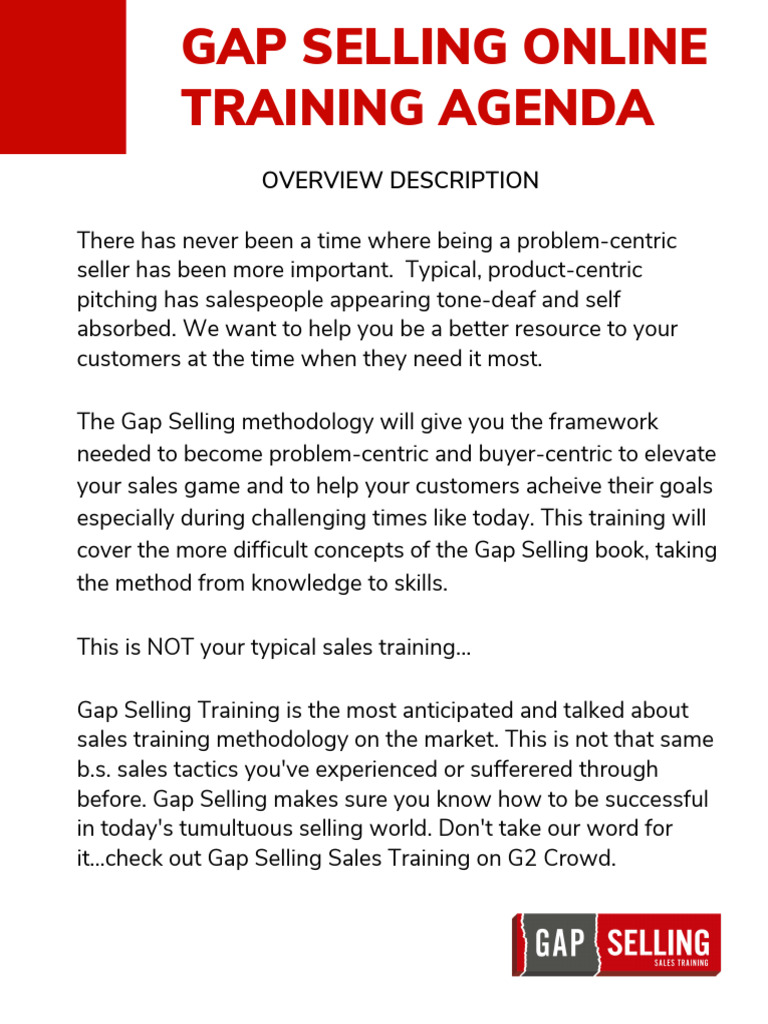 Gap Selling Online Training Agenda - Outline 2 | PDF | Sales ...