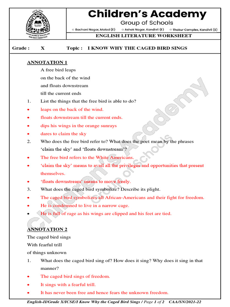 Caged Bird Poem Analysis for Grade 10 | PDF