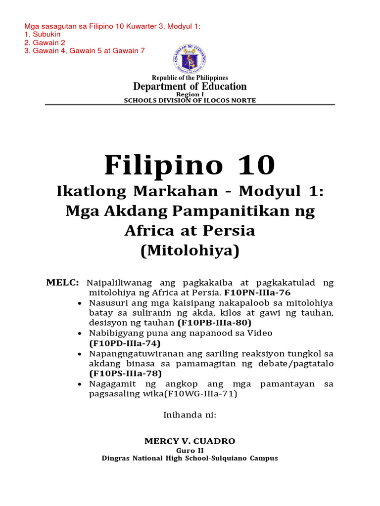 Filipino 10 Q3 Modyul1 Week1CuadroMercy For Students | PDF