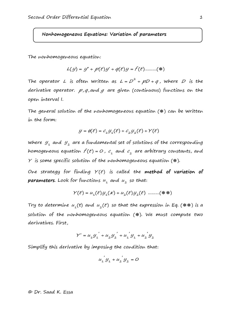 Nonhomogeneous Equations Variation of Parameters | PDF | Mathematics | Calculus