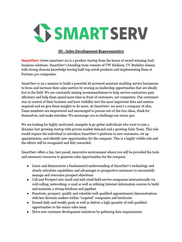 Sales Development Rep Job at SmartServ | PDF | Sales | Customer ...