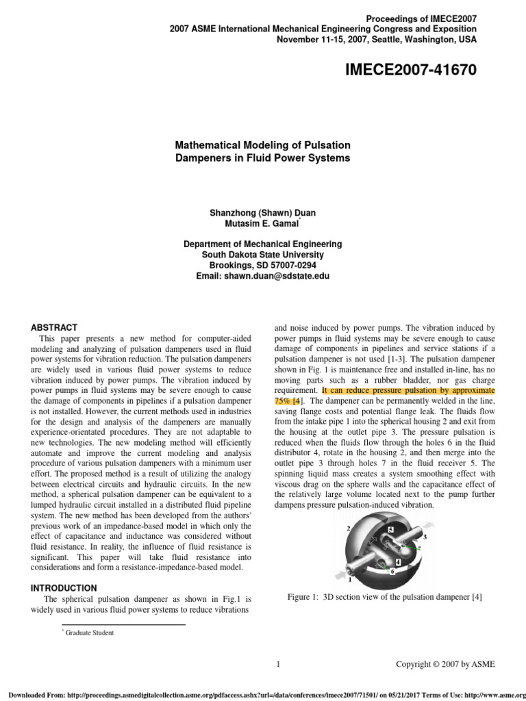 Mathematical Modeling of Pulsation Dampeners in Fluid Power Systems ... Mathematical Modeling of Pulsation Dampeners in Fluid Power Systems ...