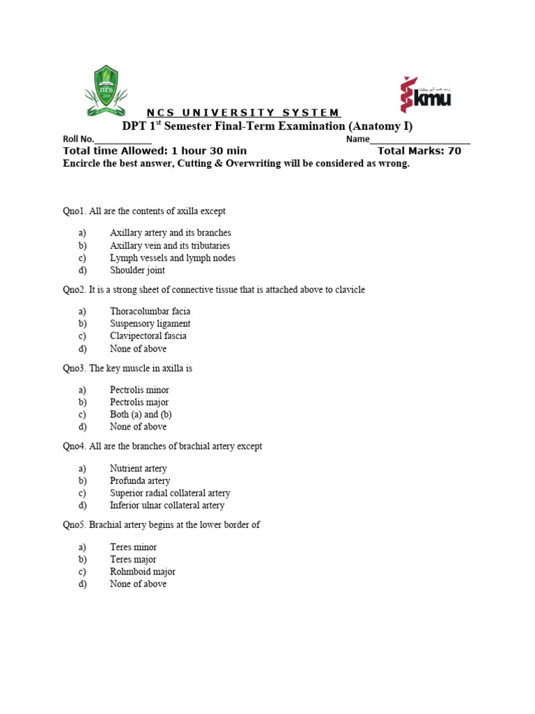 Anatomy I Paper For Final Term 1st Semester | PDF | Limbs (Anatomy ...