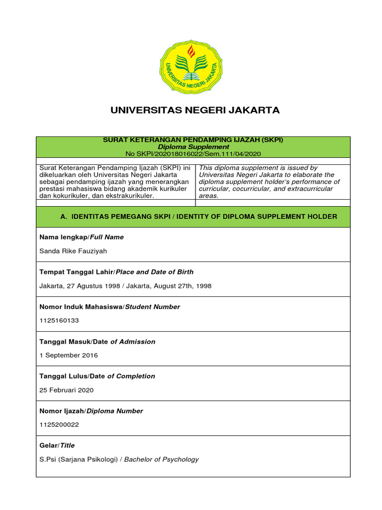 SKPI Contoh - Psikologi | PDF