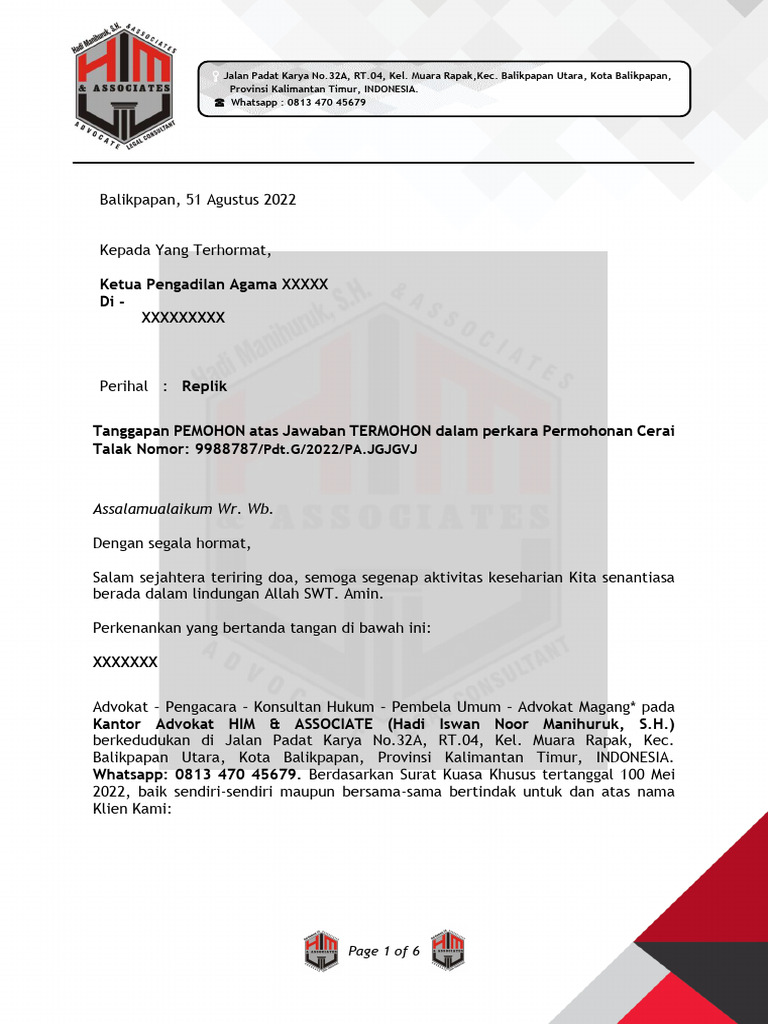 Replik Permohonan Cerai Talak 2022 | PDF | Ilmu Sosial | Hukum
