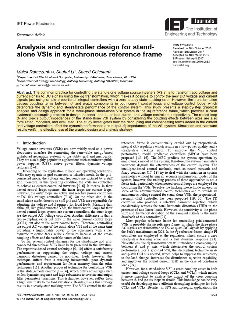 Good..... Analysis and Controller Design For Standalone VSIs in Synchronous Reference Frame ...