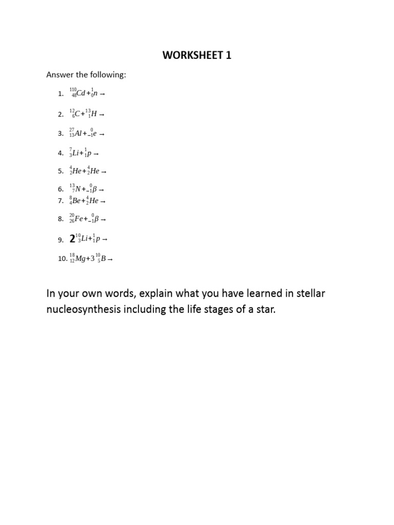 Stellar Nucleosynthesis Worksheet | PDF