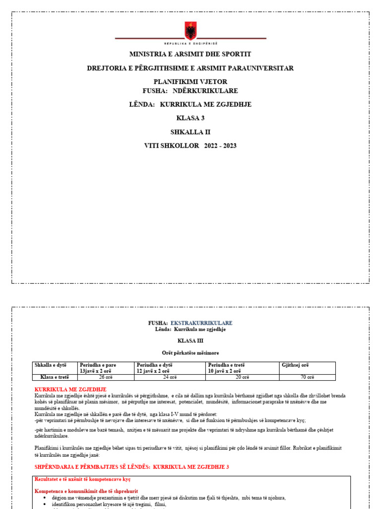 Kurrikula Me Zgjedhje 3 Plani Mesimor 2022 2023 Jy7wym | PDF