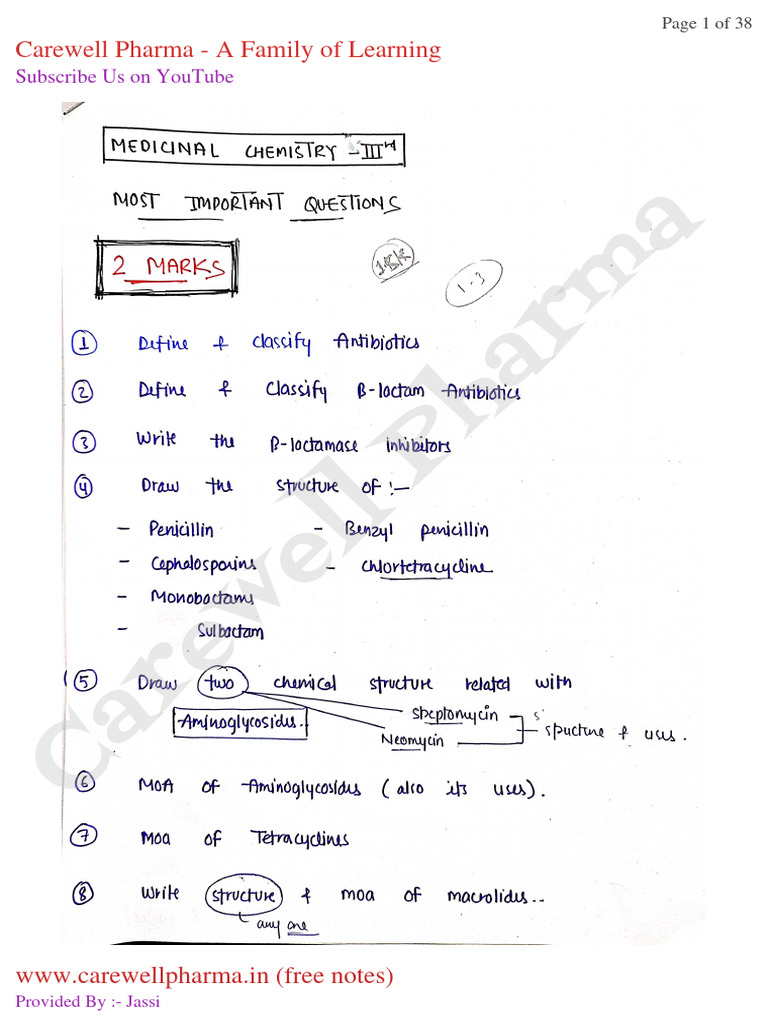 Medicinal Chemistry 3 2021 Solution For 2 Marks Most Important ...