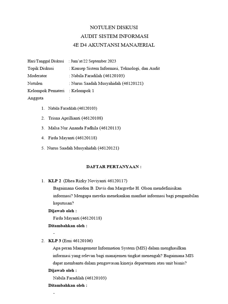Notulen Diskusi Kelompok 1 | PDF