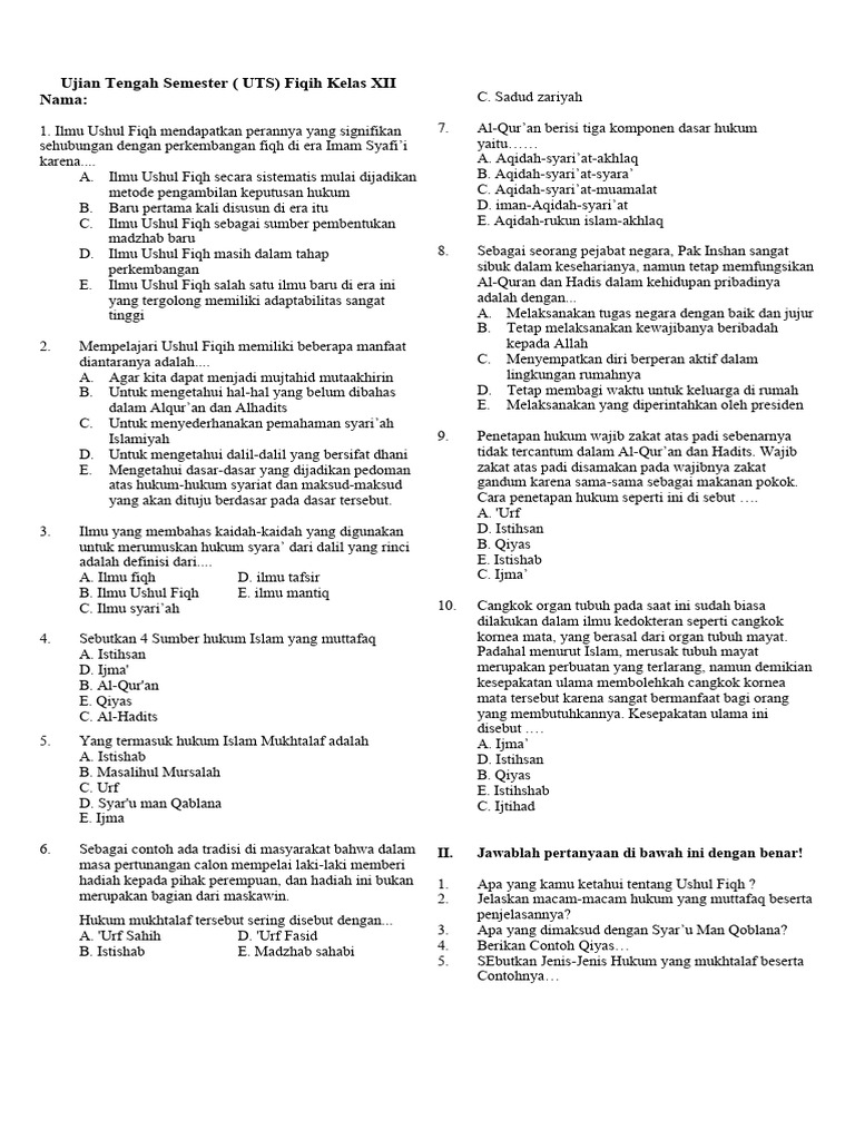 Soal PTS Fikih Ganjil Kls 12 22 - 23 | PDF