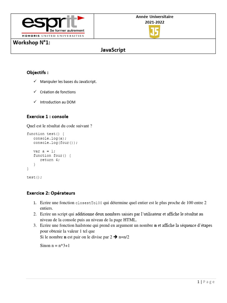 Atelier 1 - JS | PDF | JavaScript | Modèle d'objet de document