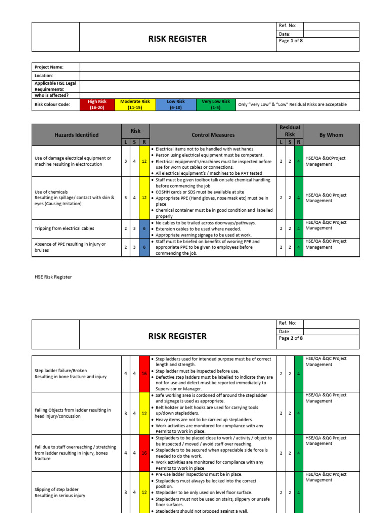 HSE Risk Register 2 | Download Free PDF | Ladder | Dangerous Goods