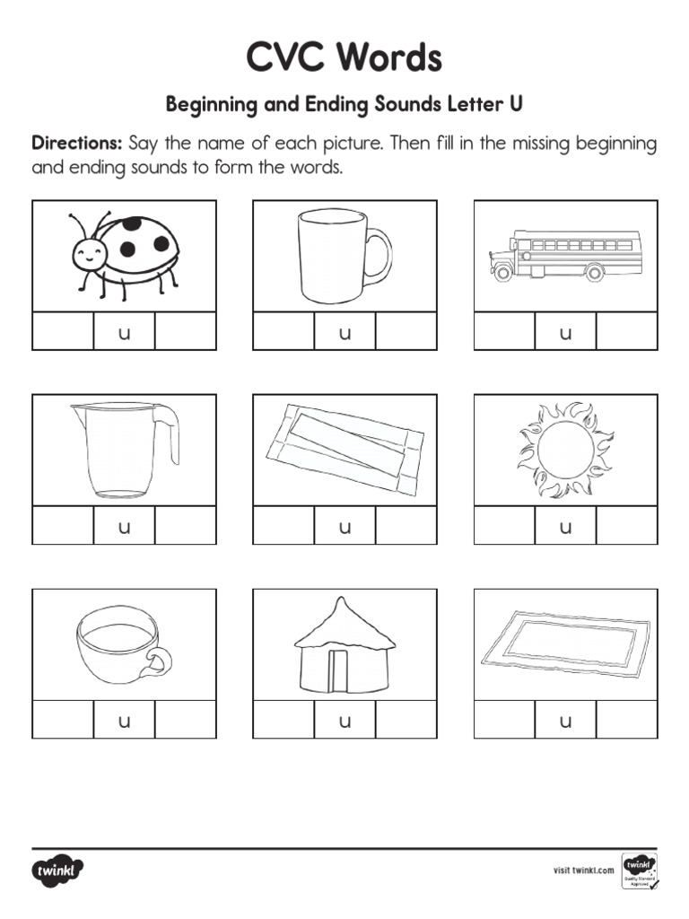 CVC Words Beginning and Ending Sounds Letter U Worksheet | PDF