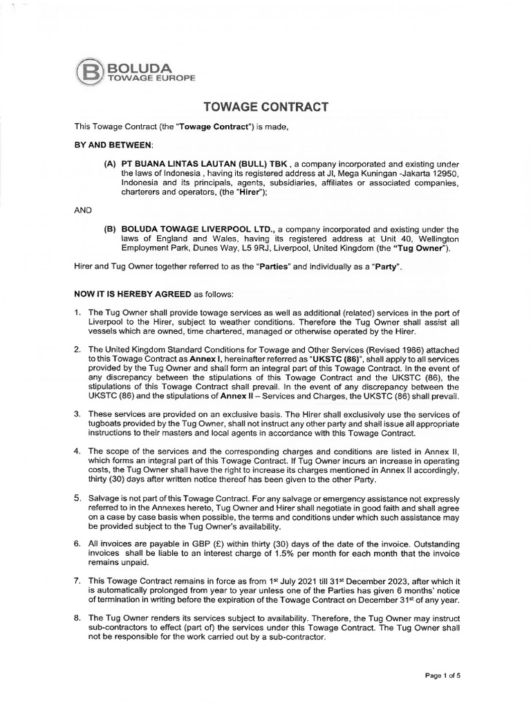 Boluda - BULL - Towage Contract | PDF